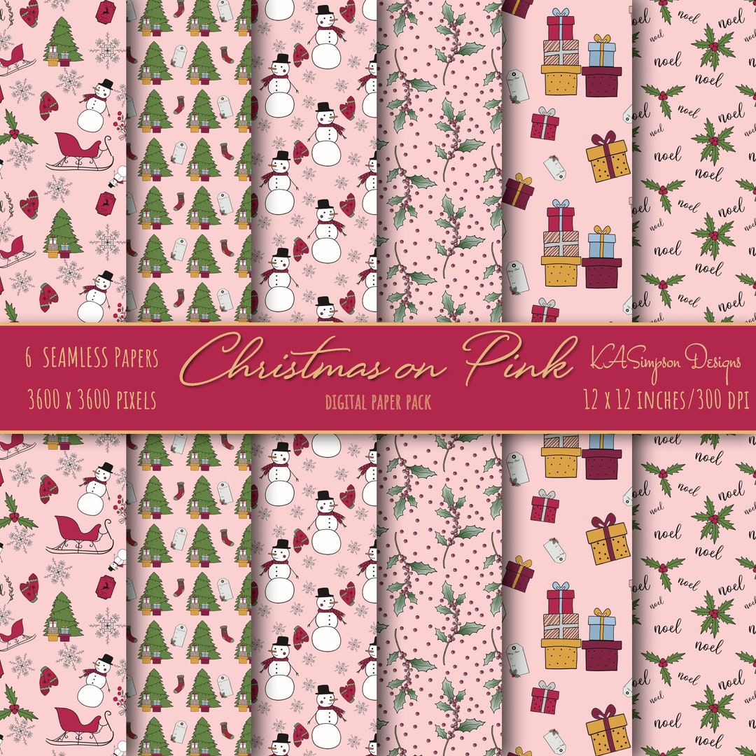 Pink Christmas Digital Paper Pack, Seamless Holiday Patterns (digital ...
