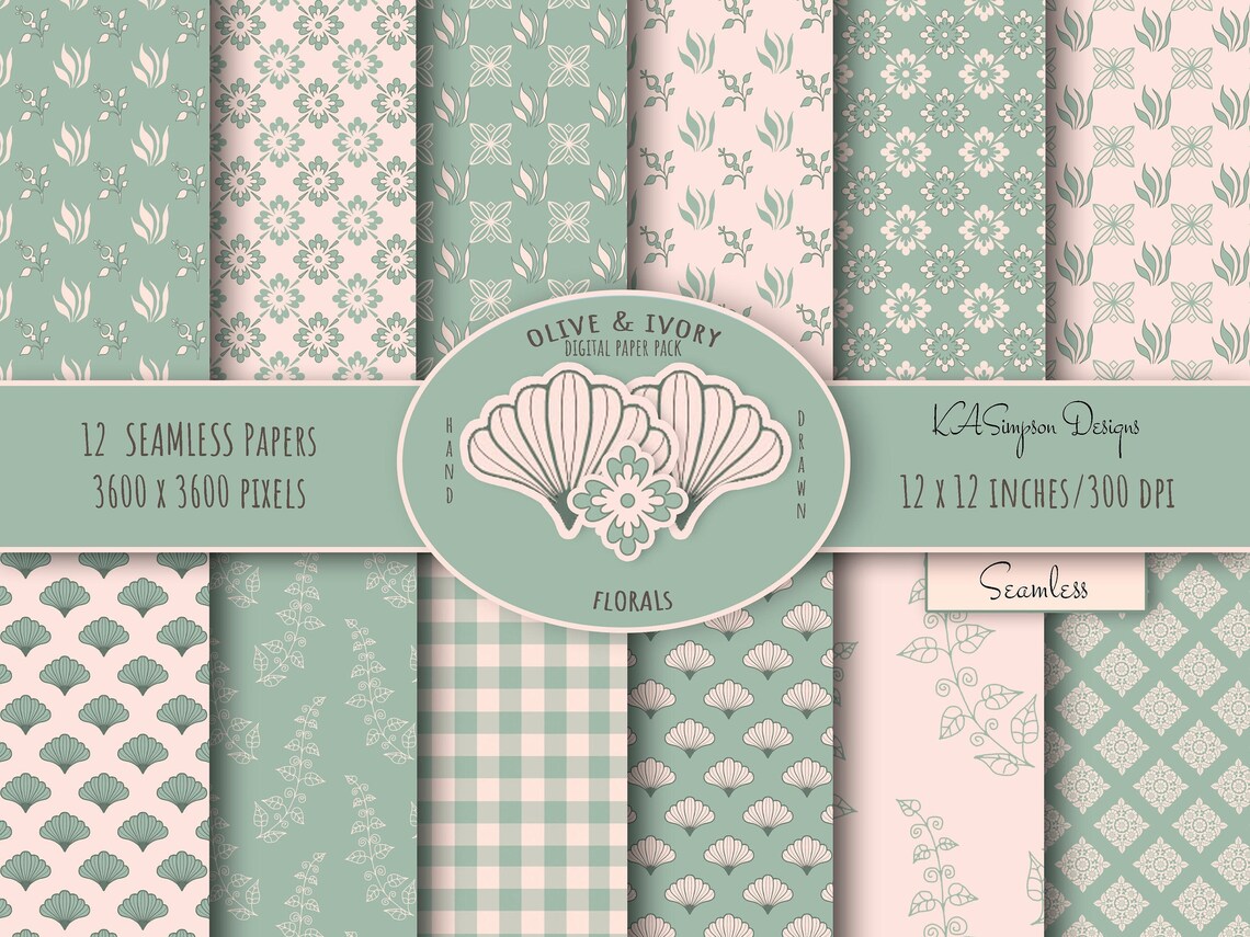 Olive Green & Ivory Seamless Digital Paper Pack - Printable Scrapbook ...