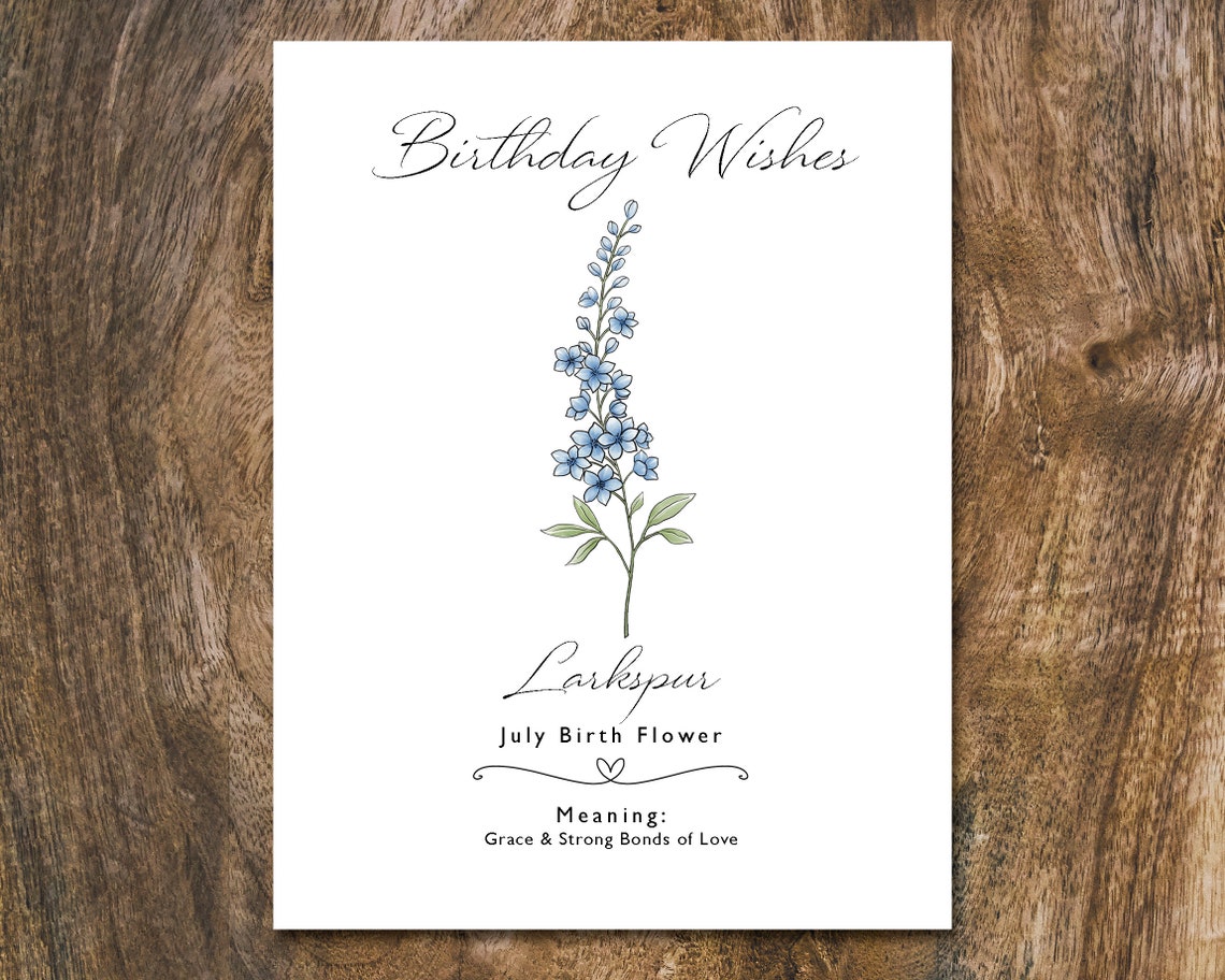 July Birth Flower Printable Card, Birth Month Birthday Card, Instant ...