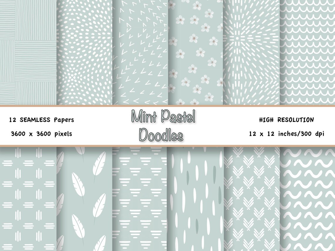 Digital Paper - Mint Doodles, Printable Scrapbook Paper, Seamless ...