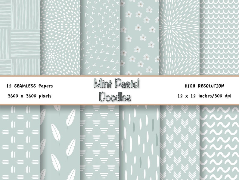 Digital Paper - Mint Doodles, Printable Scrapbook Paper, Seamless ...
