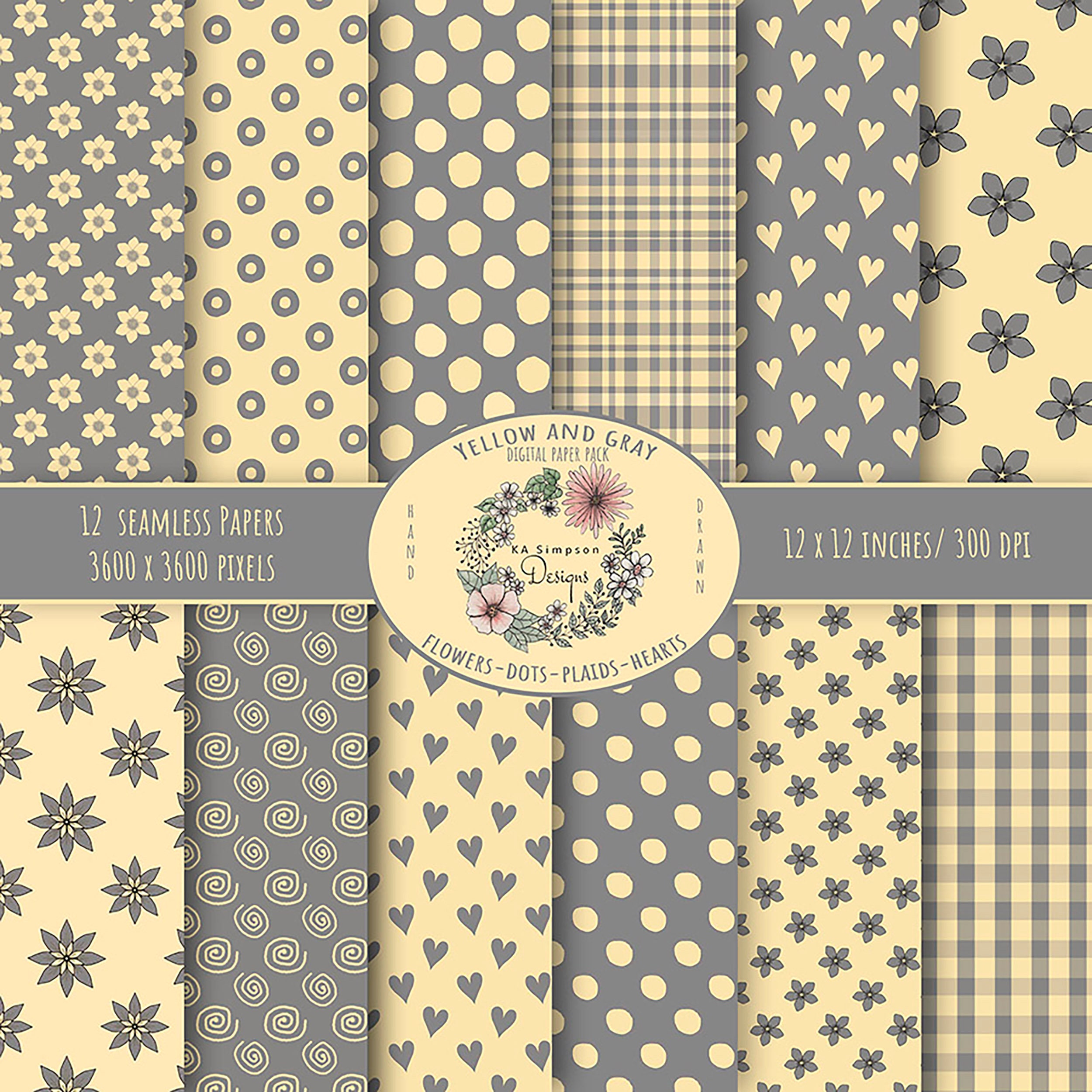 Digital Paper Pack Yellow and Gray Hand Drawn Florals and Doodles ...