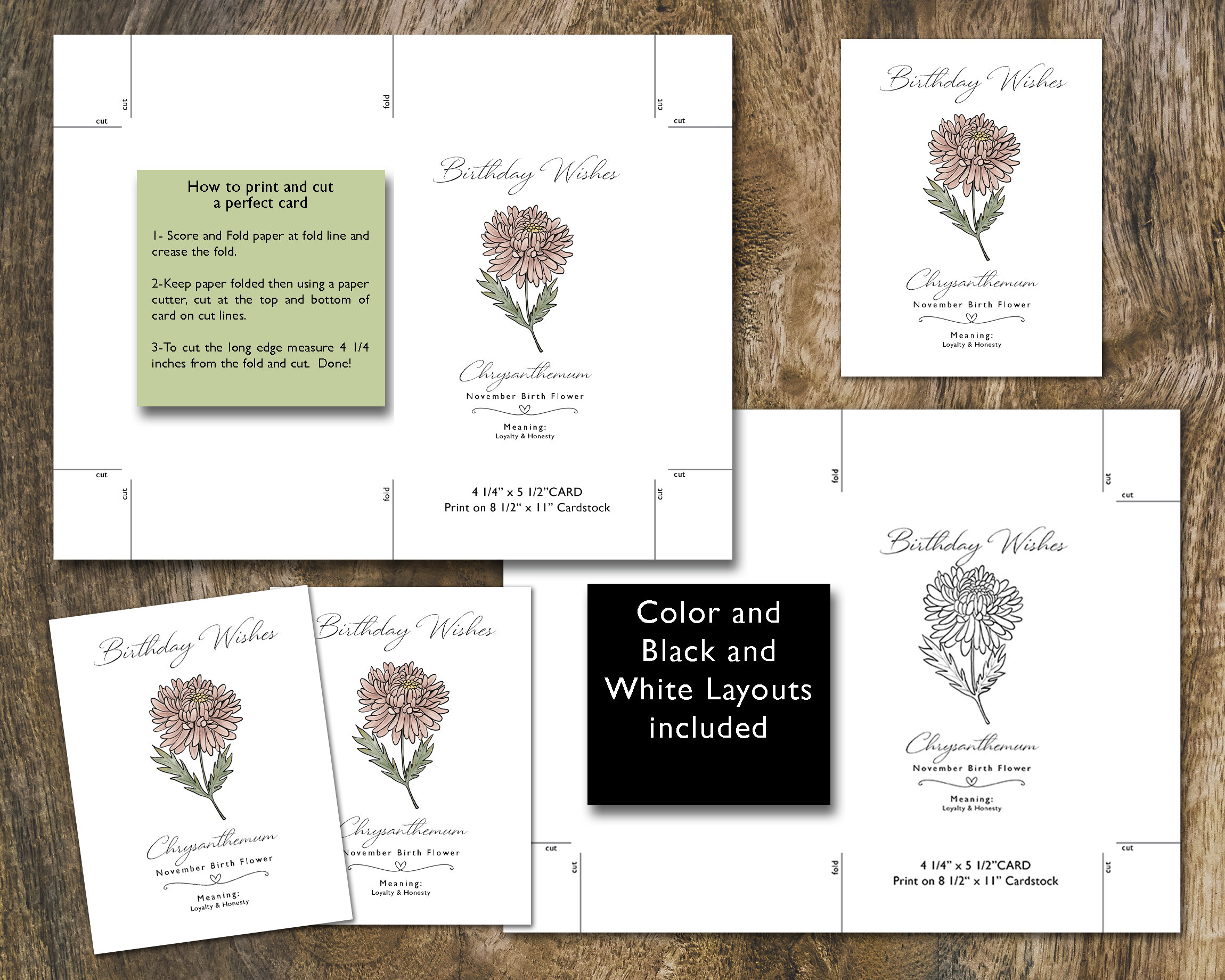 November Birth Flower Printable Card, Birth Month Birthday Card ...