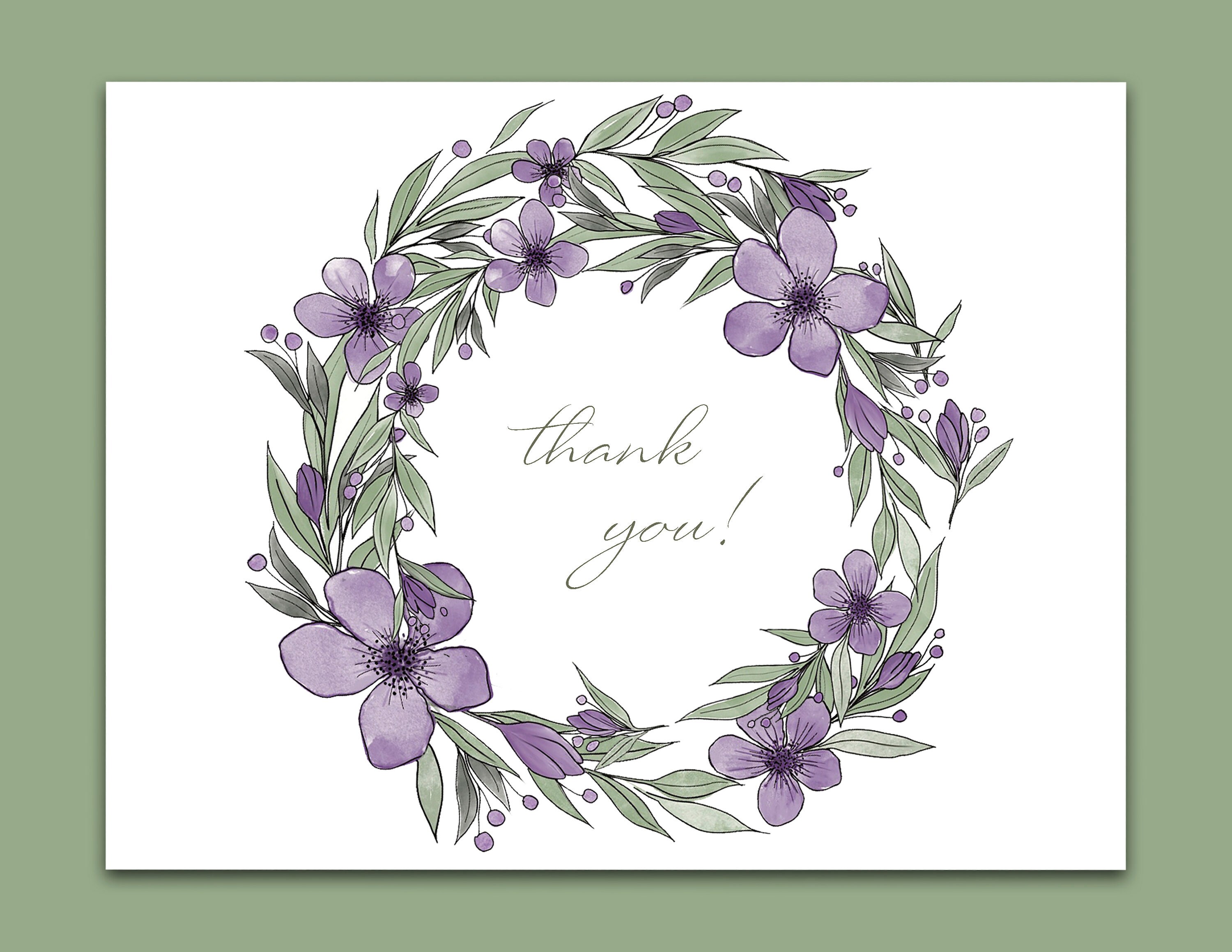 Digital Floral Wreath Thank You Notecards and Postcards-printable ...