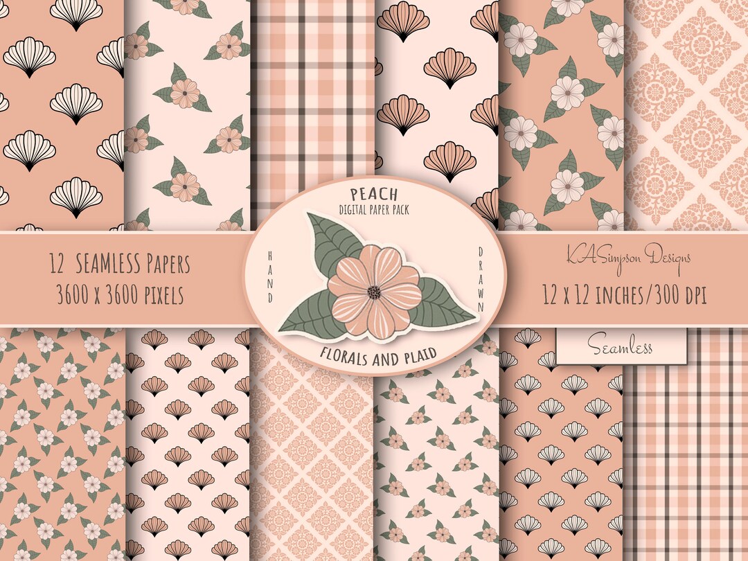 Digital Paper Pack - Peach and Ivory Flowers & Art Deco, Printable ...