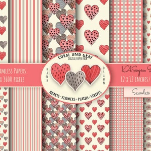 Digital Paper Pack - Coral and Gray Watercolor Hearts & Flowers ...