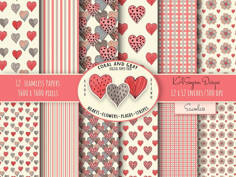 Digital Paper Pack - Coral and Gray Watercolor Hearts & Flowers ...