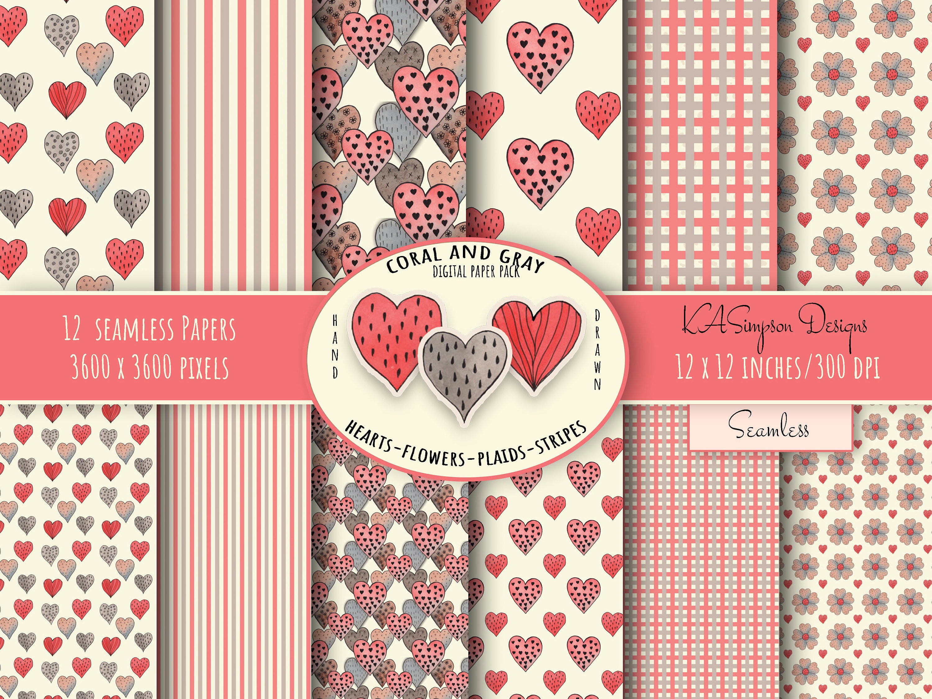 Digital Paper Pack - Coral and Gray Watercolor Hearts & Flowers ...