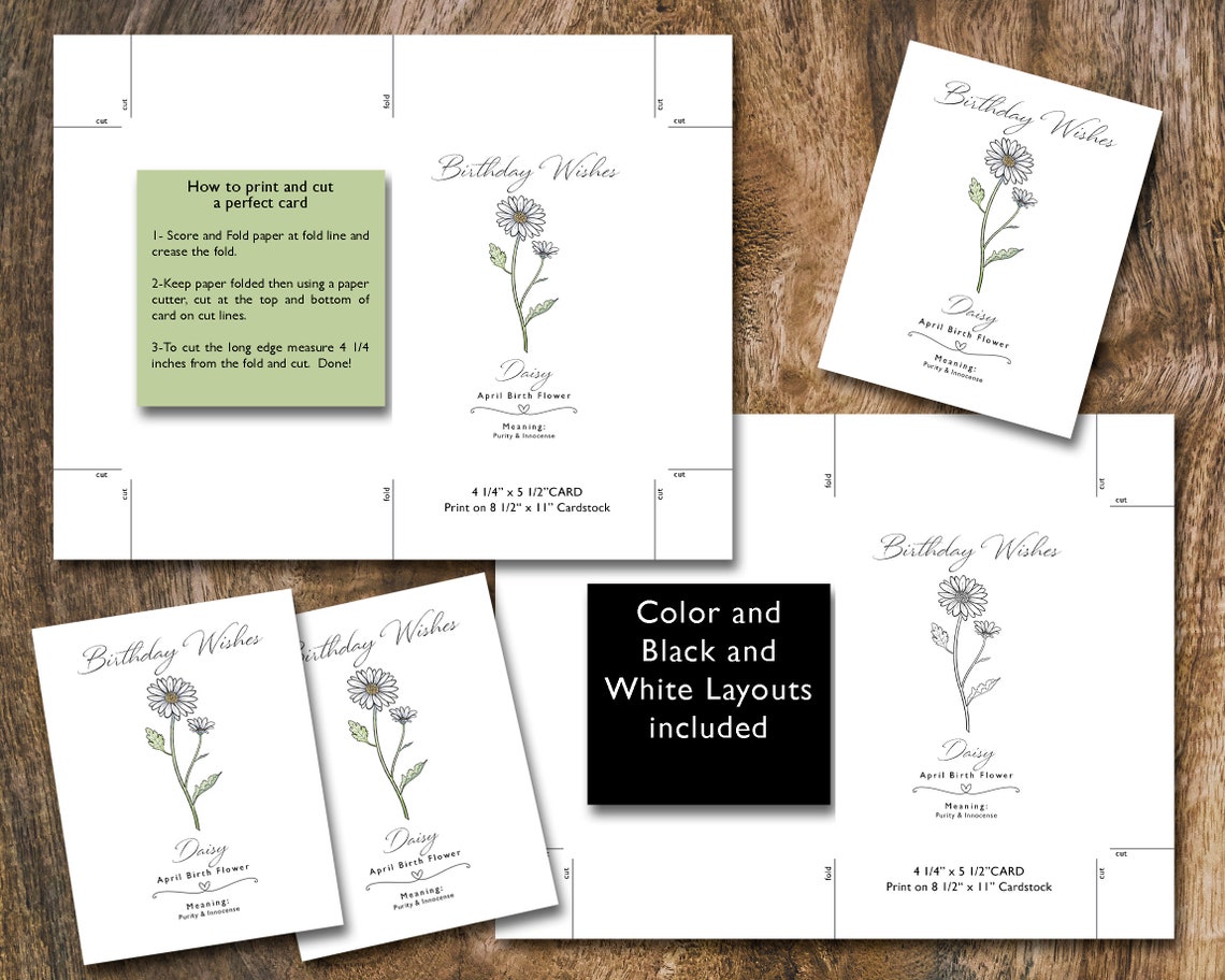 April Birth Flower Printable Card, Birth Month Card Birthday Card ...