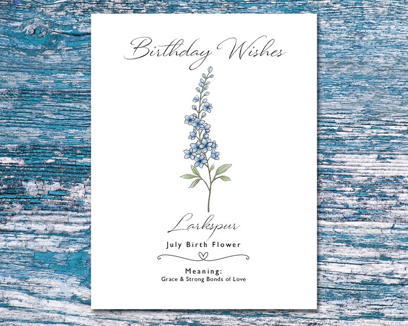July Birth Flower Printable Card, Birth Month Birthday Card, Instant ...