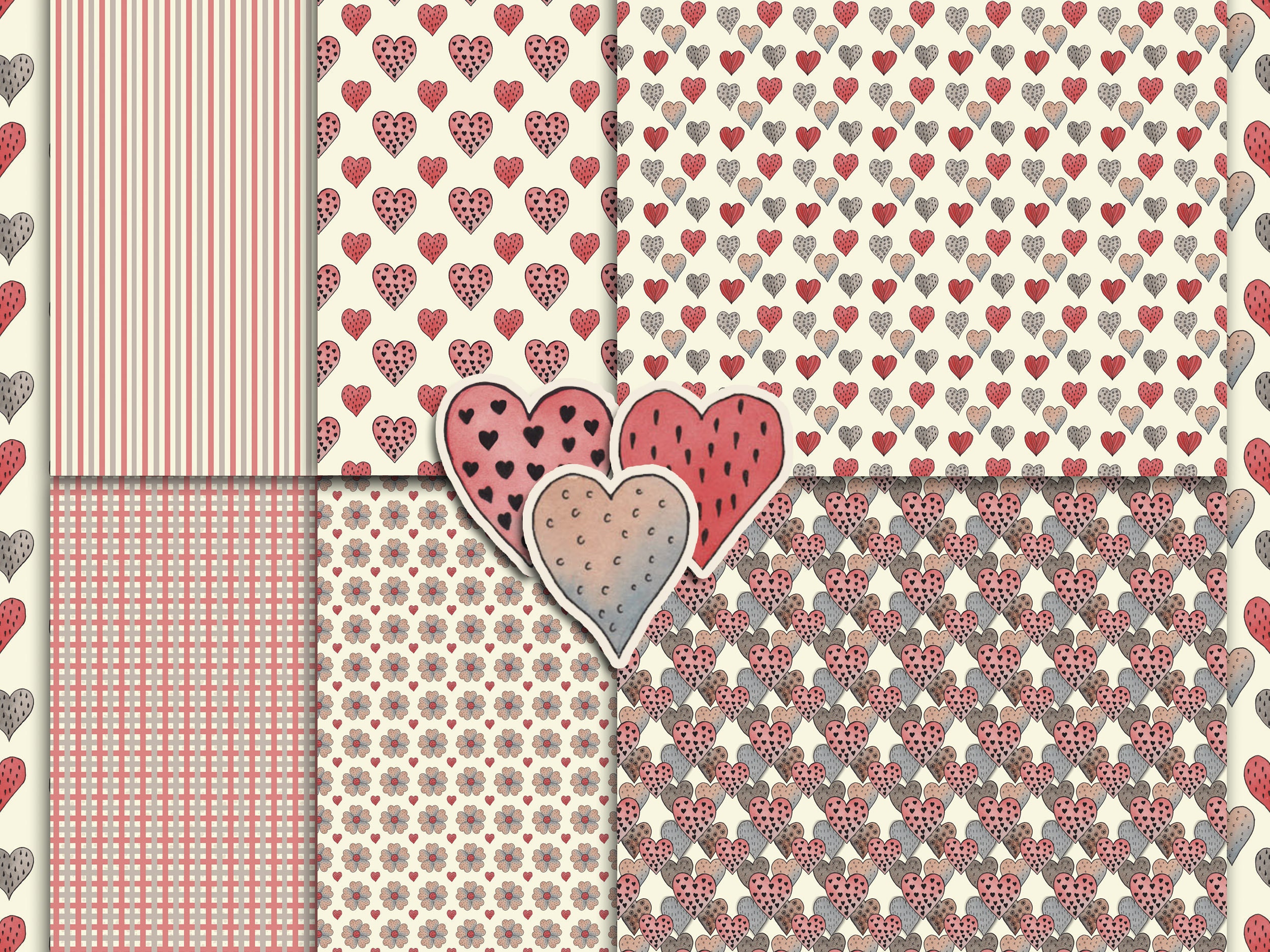 Digital Paper Pack - Coral and Gray Watercolor Hearts & Flowers ...