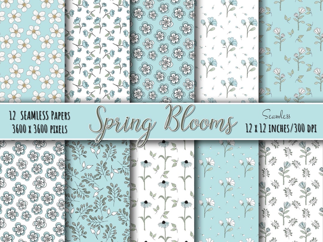 Blue Floral Printable Paper, Digital Scrapbook Paper Pack, Seamless ...