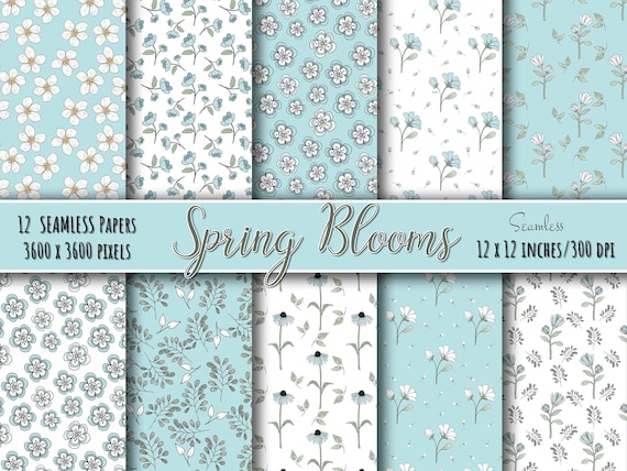 Blue Floral Printable Paper Digital Scrapbook Paper Pack | Etsy
