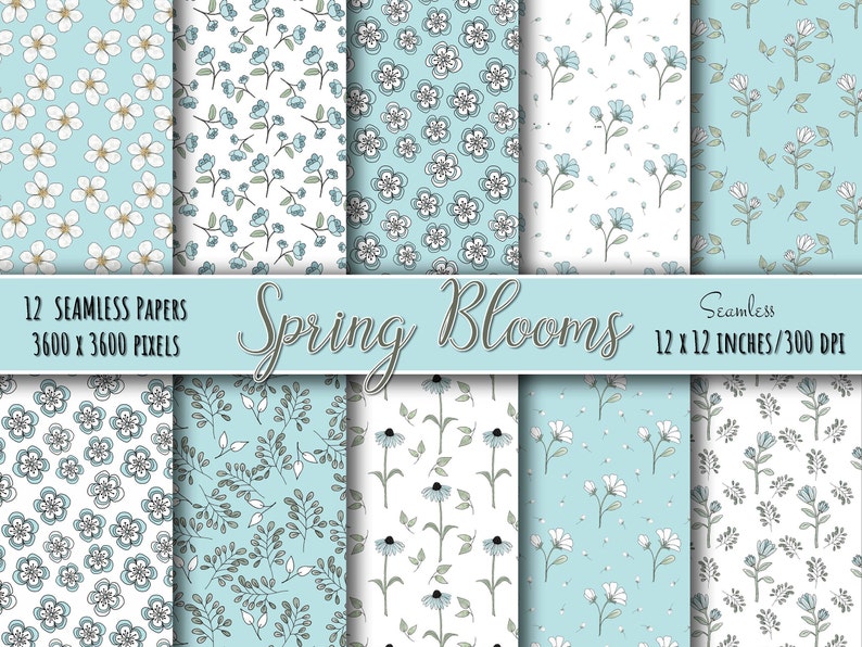 Blue Floral Printable Paper, Digital Scrapbook Paper Pack, Seamless ...