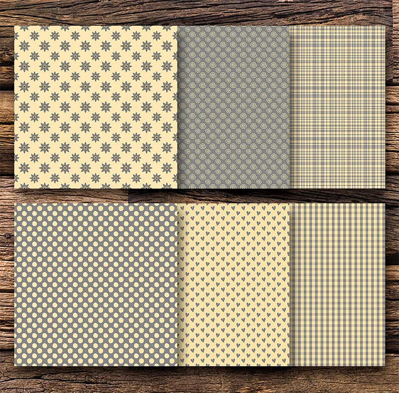 Digital Paper Pack - Yellow and Gray Hand Drawn Florals and Doodles ...