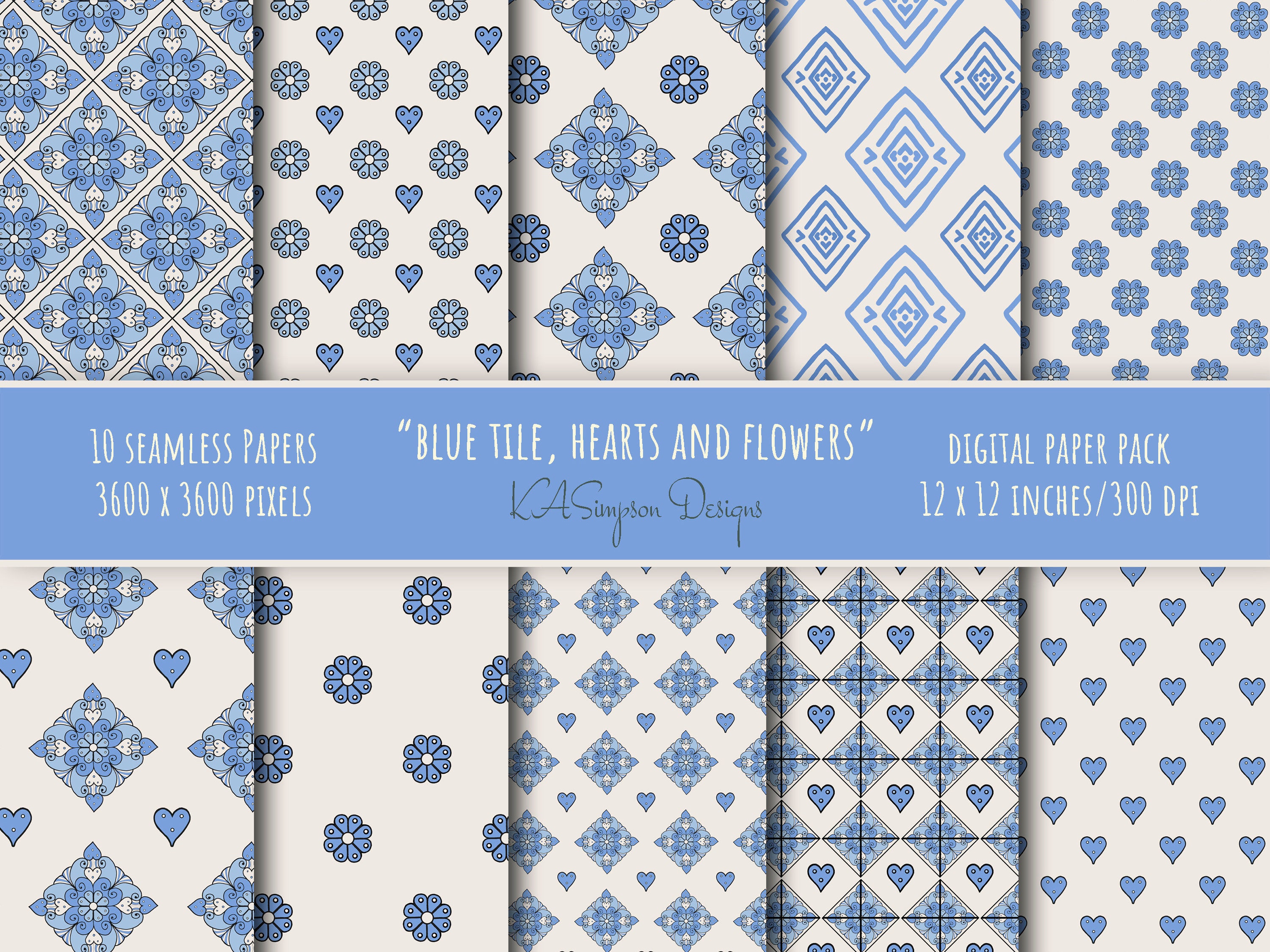 Blue Tile, Hearts and Flowers-seamless Digital Paper Pack - Etsy