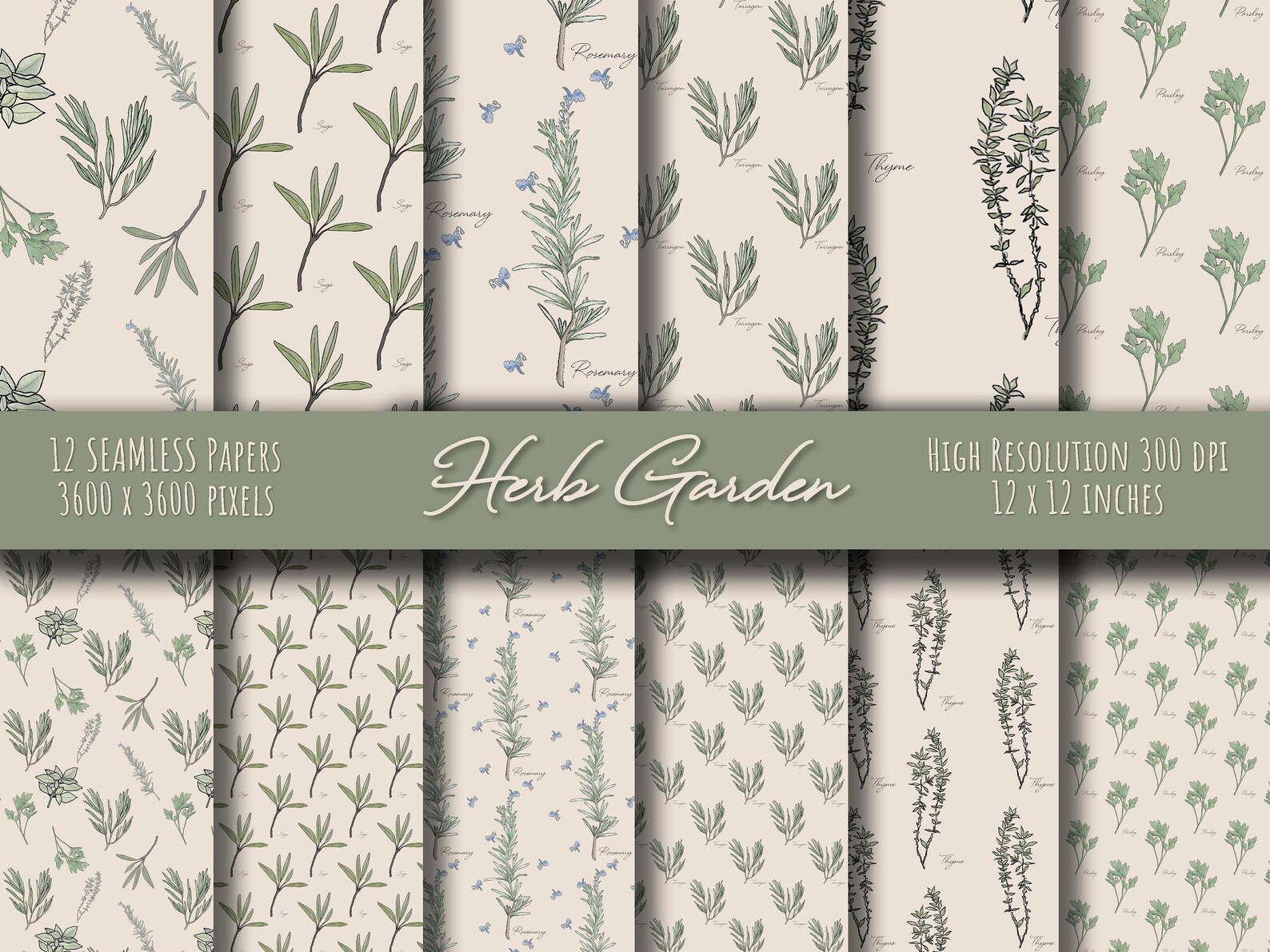 Digital Paper - Herb Garden, Printable Scrapbook Paper, Seamless ...