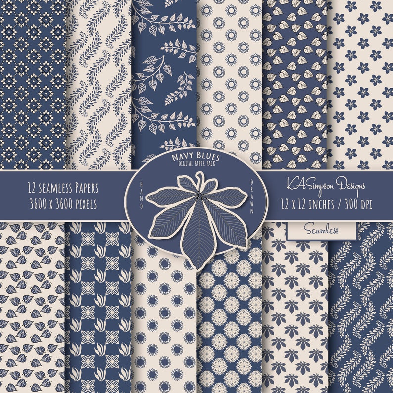 Navy Blue & Ivory Seamless Digital Paper Pack - Printable Scrapbook ...