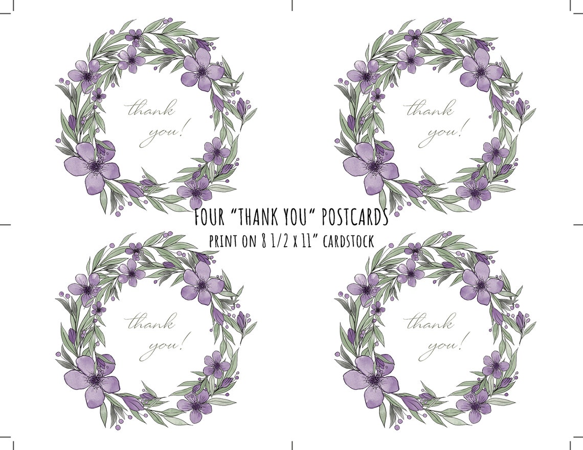 Digital Floral Wreath Thank You Notecards and Postcards-printable ...