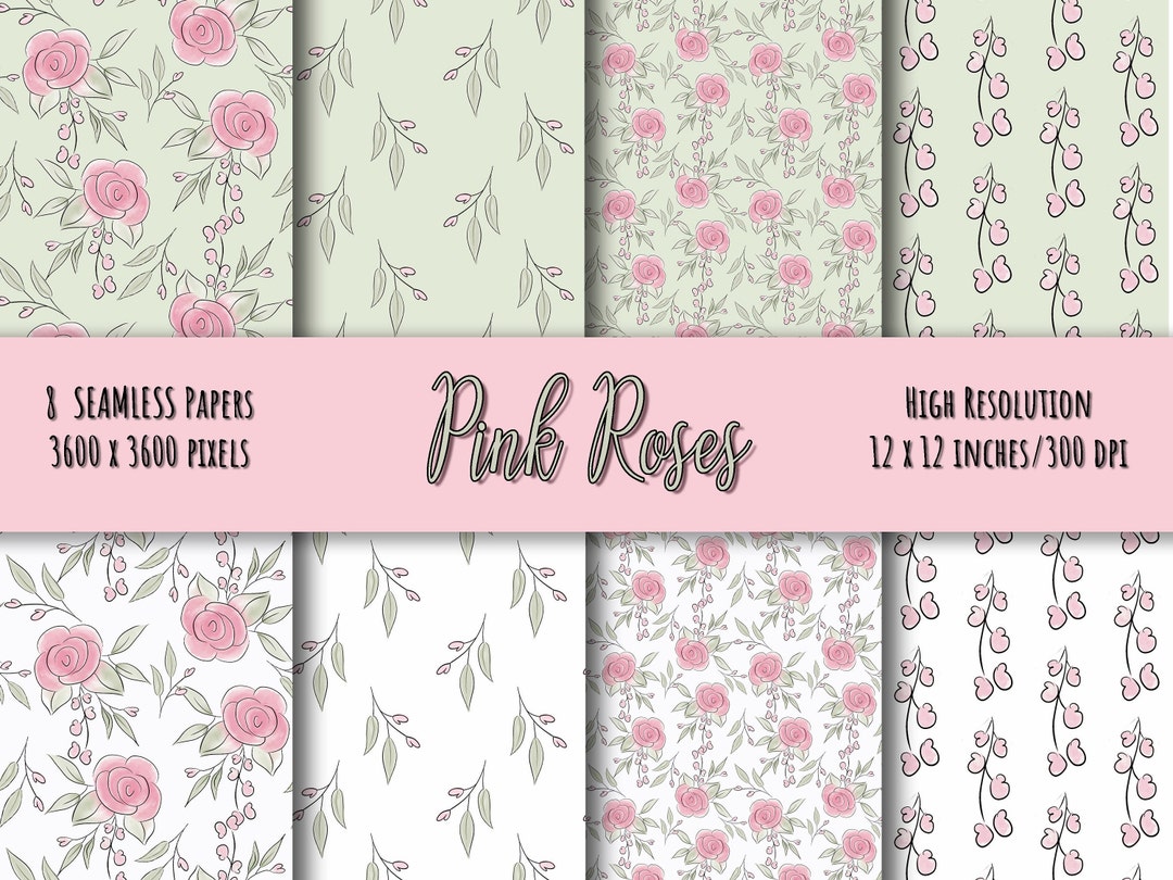 Pink Roses Seamless Digital Paper Pack, Printable Floral Patterns, Hand ...