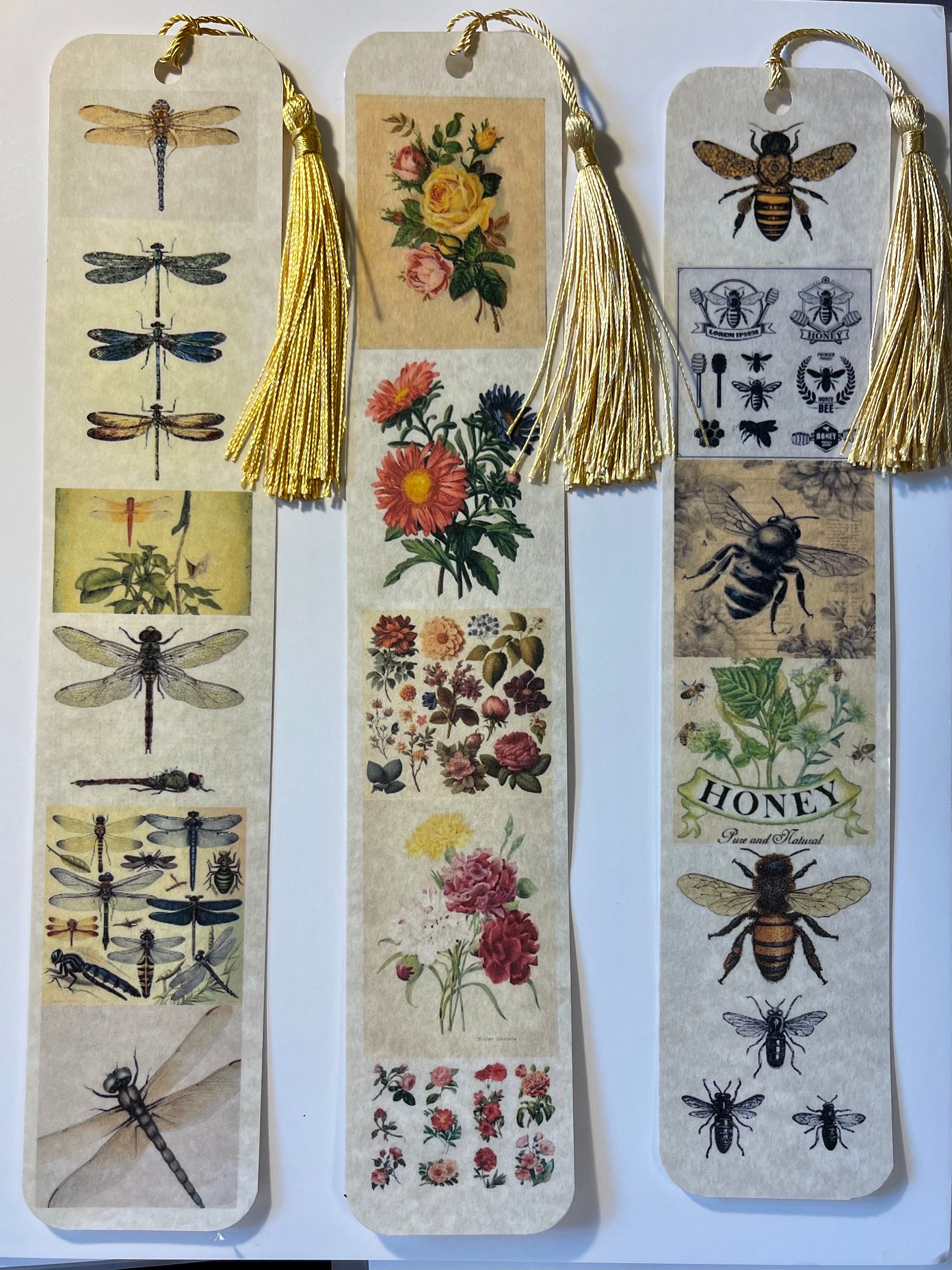 Vintage Bees, Flowers and Dragonflies-- Set of Three Bookmarks - Etsy