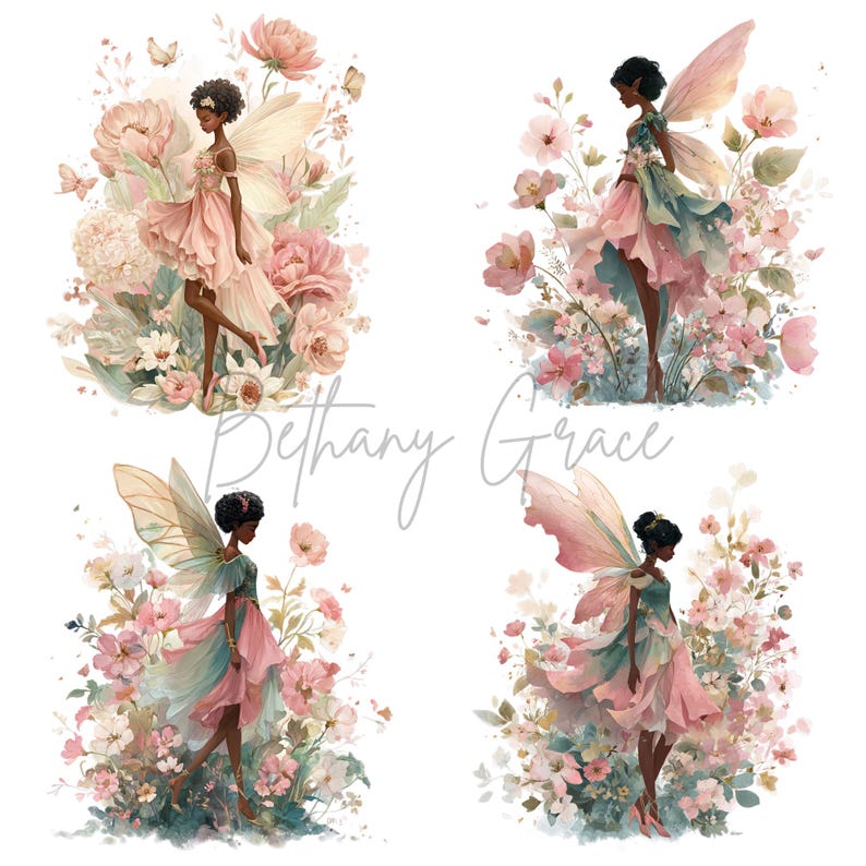 Watercolor Black Fairy Clipart Pack Set African American Fairies PNG ...