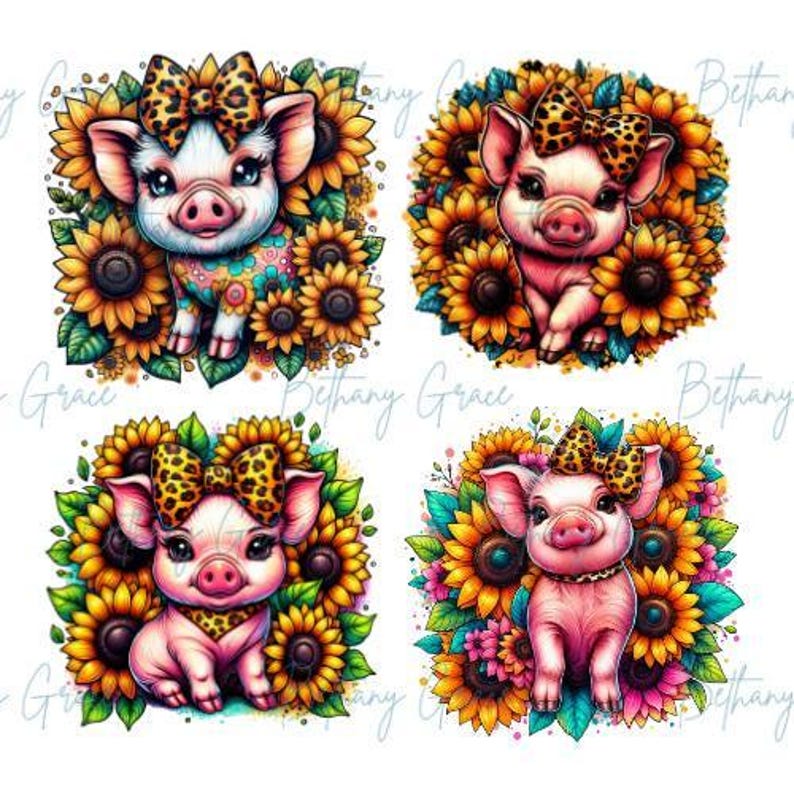 Cute Pigs Sunflower Leopard Print Coquette Bows Clipart Bundle PNG ...