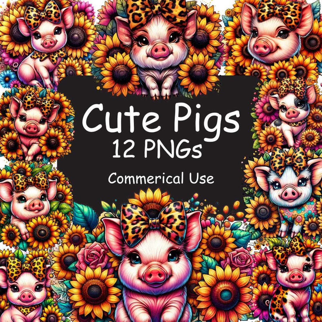 Cute Pigs Sunflower Leopard Print Coquette Bows Clipart Bundle PNG ...