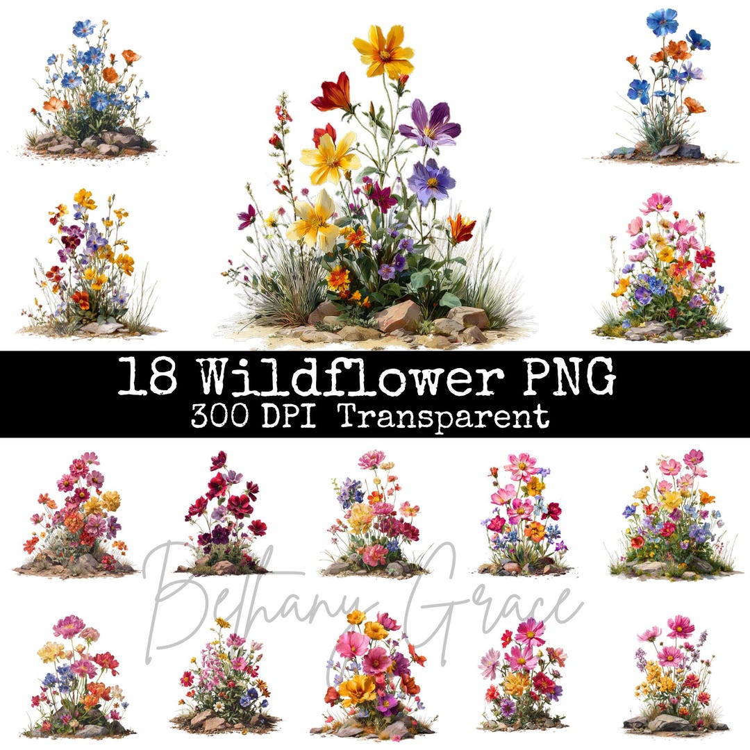 Wildflower Flowerbed Clipart, Printable, Watercolor Wild Flowers ...