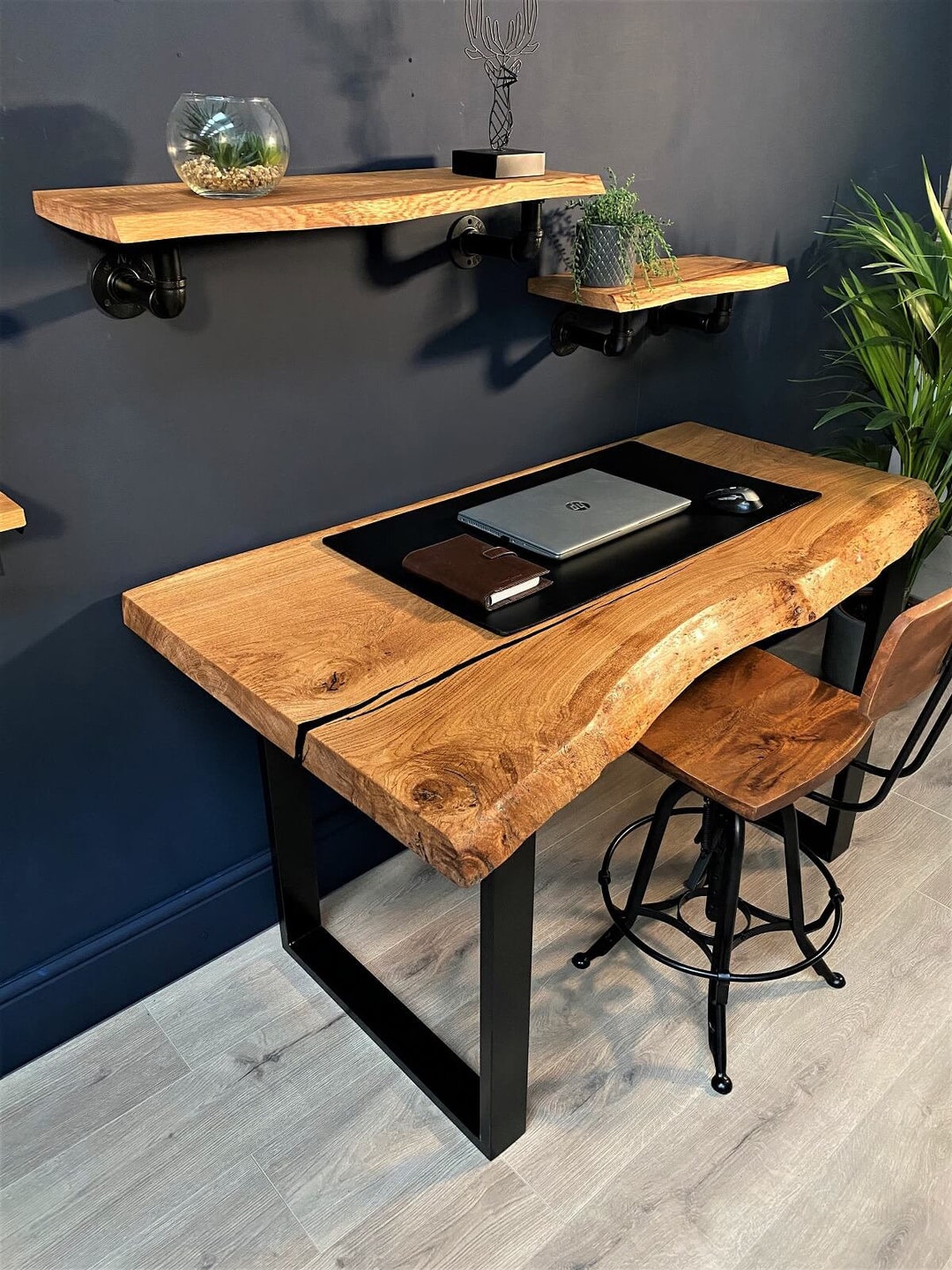English Pippy Oak Live Edge Resin Infill Executive Desk Industrial ...