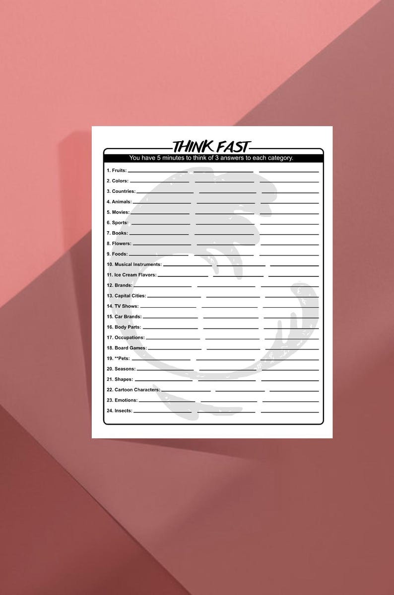 Think Fast Game Printable - Fun & Engaging Party Game - Etsy