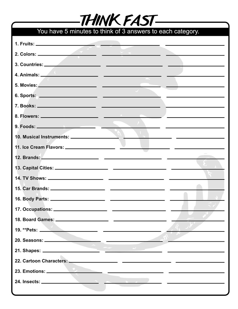 Think Fast Game Printable - Fun & Engaging Party Game - Etsy