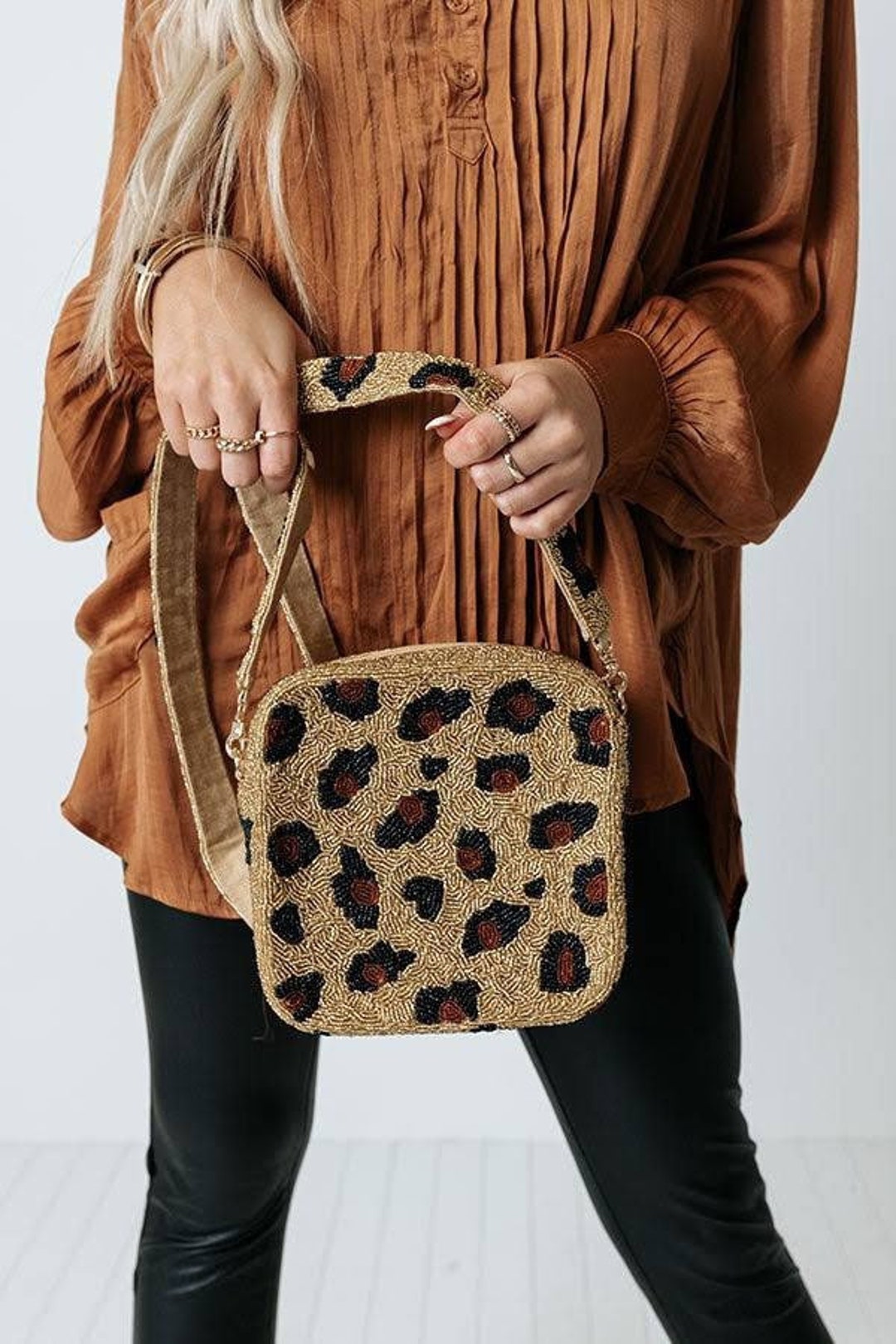 Leopard Box Bag Purse With Removable Strap / Beaded / Zipper Closure ...