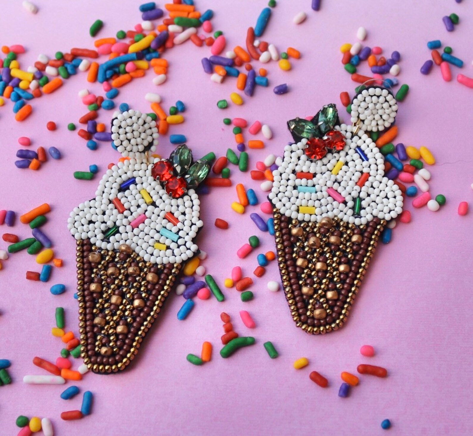 Beaded Ice Cream Earrings / Kitschy / Seed Bead Rhinestone / - Etsy