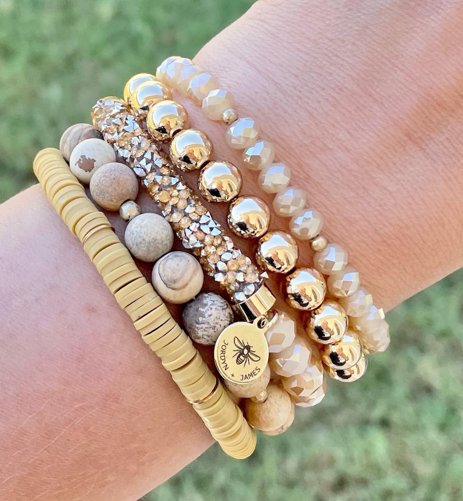 Beaded Bracelet Set / Set of Five / Natural Glass Beads Rhinestone Clay ...