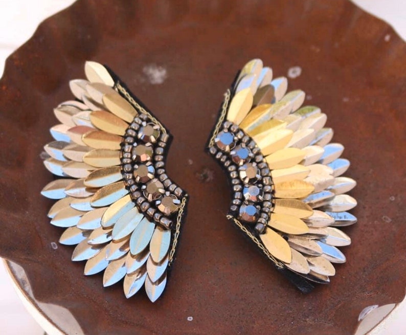 Embellished Wing Earrings / Fan Spike Beaded Crystal / | Etsy