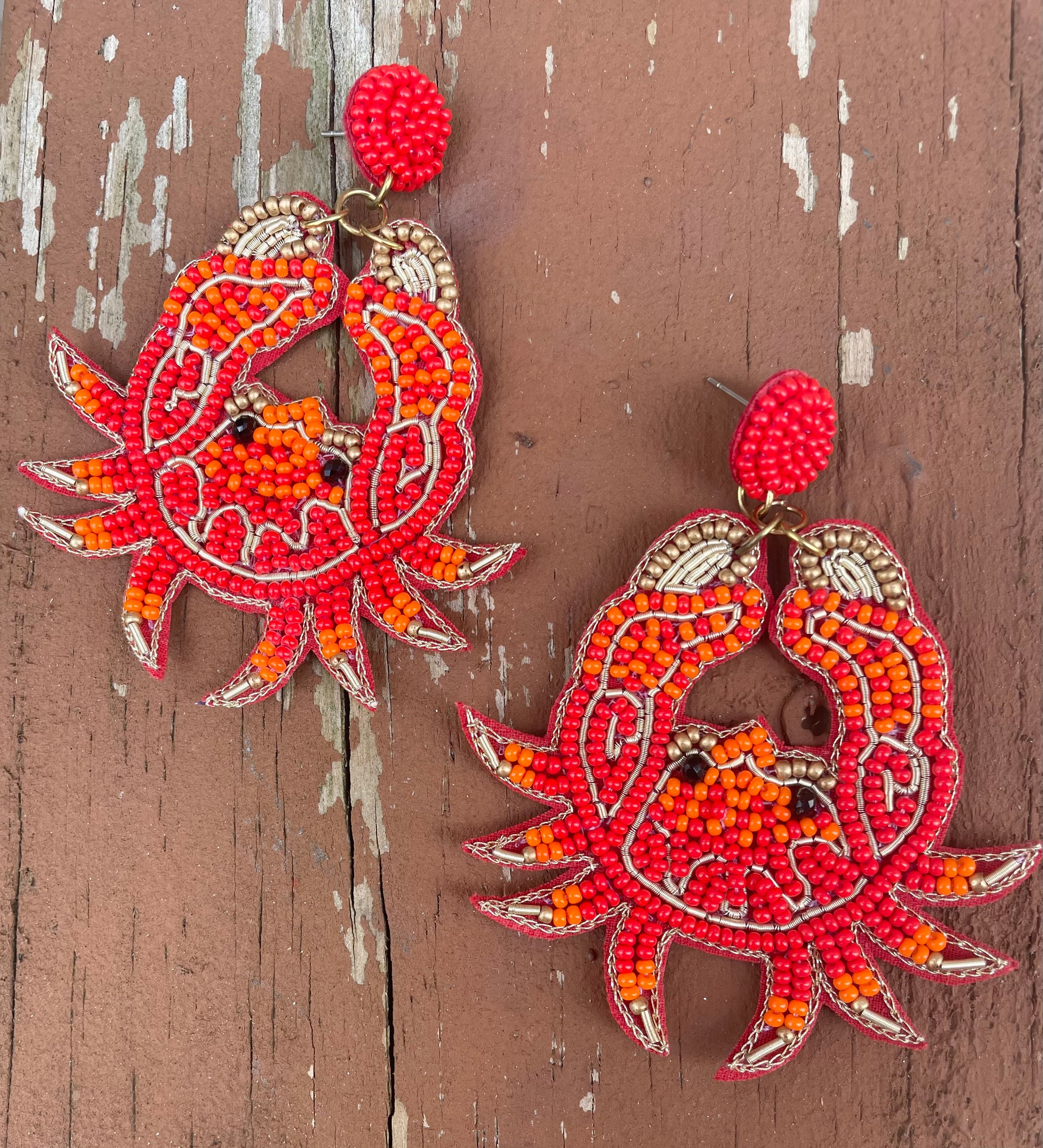 Beaded Crab Earrings With Round Post / Beach Statement Jewelry / Seed ...