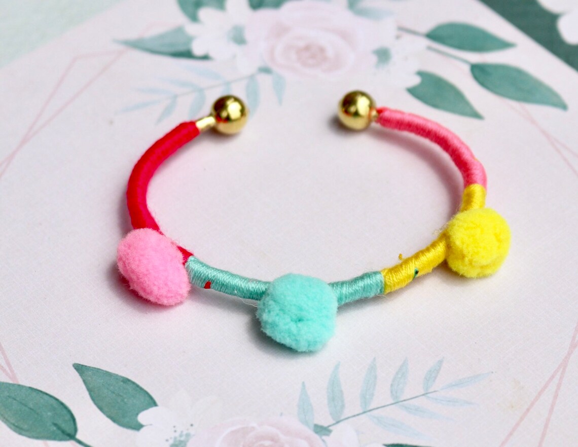 Multicolor Pom Pom Bracelet / Open End Cuff Bangle / Pink - Etsy