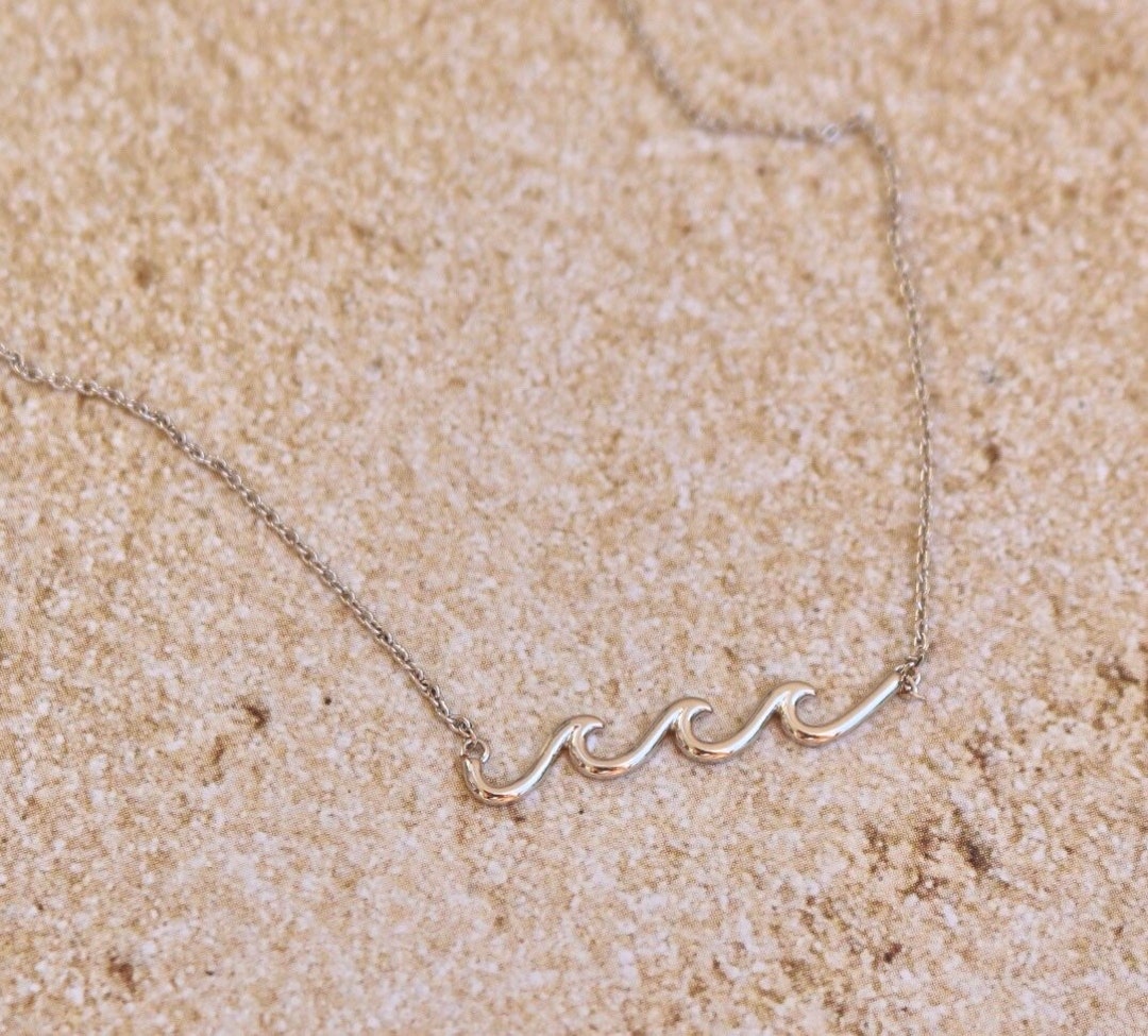 Wave Charm Necklace / Ocean Beach Summer Jewelry / Adjustable / Brass ...