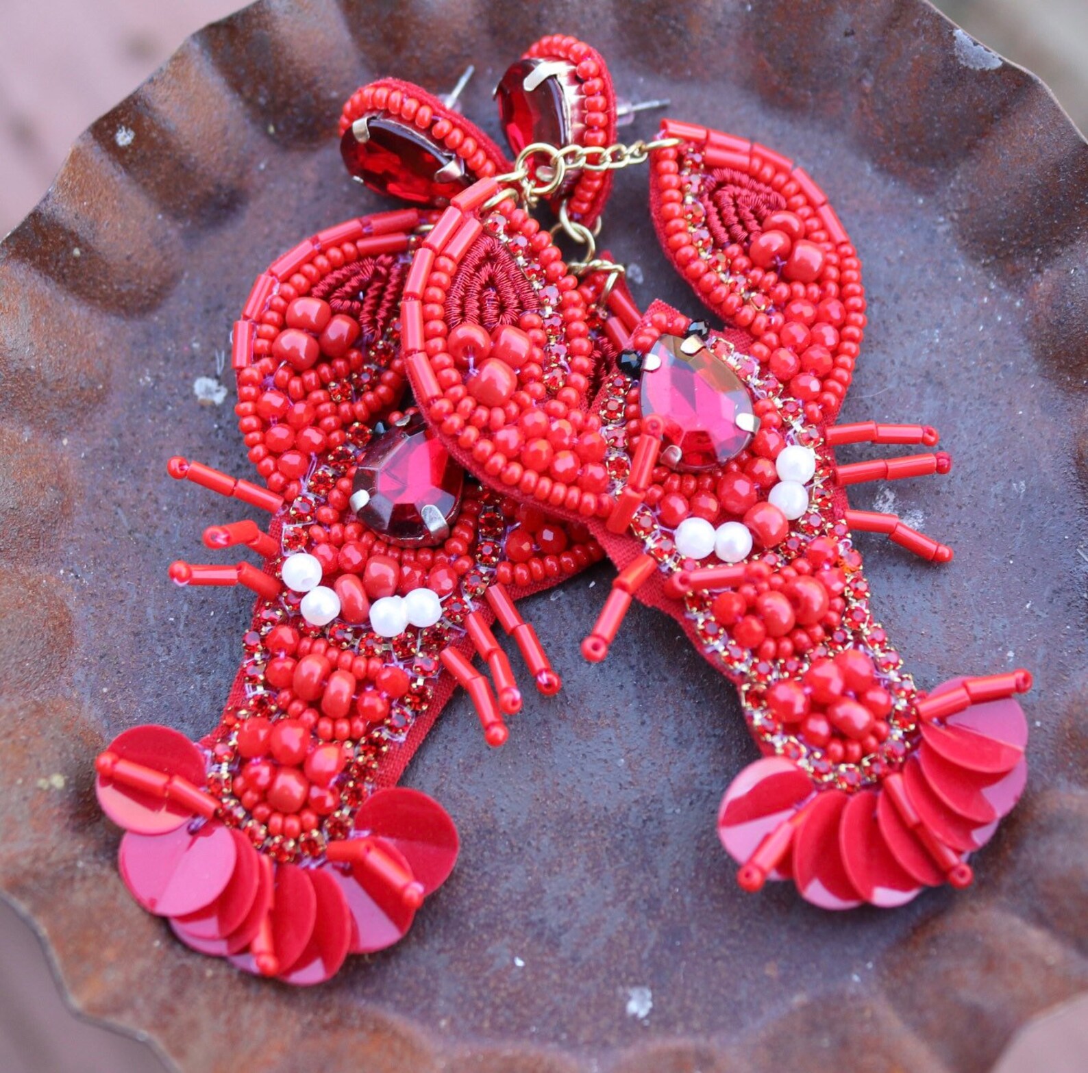 Beaded Lobster Tassel Earrings Teardrop Post / Large Beach Statement ...