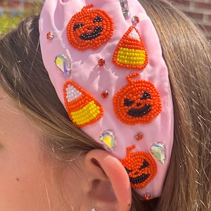Candy Corn Pumpkin Halloween Headband / Rhinestone Seed Bead Beaded ...