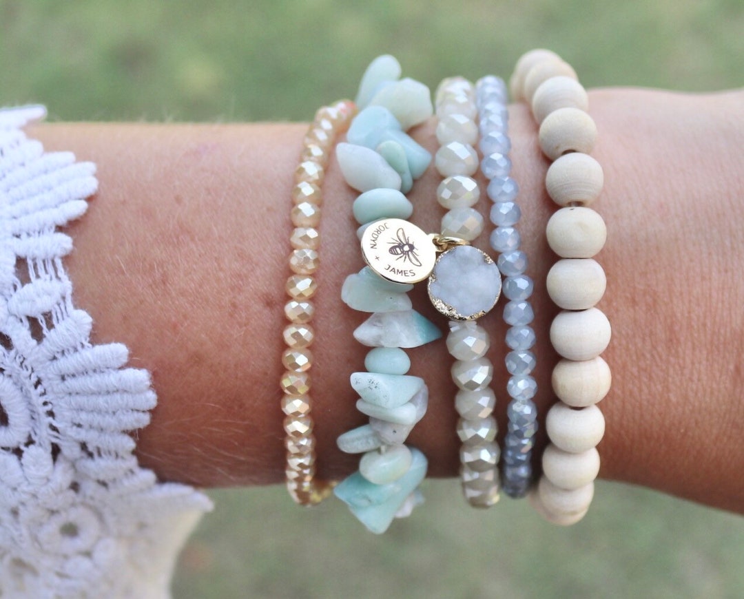 Stackable Bracelets / Beaded Arm Candy Bar / Wood Bead Chip Stone ...