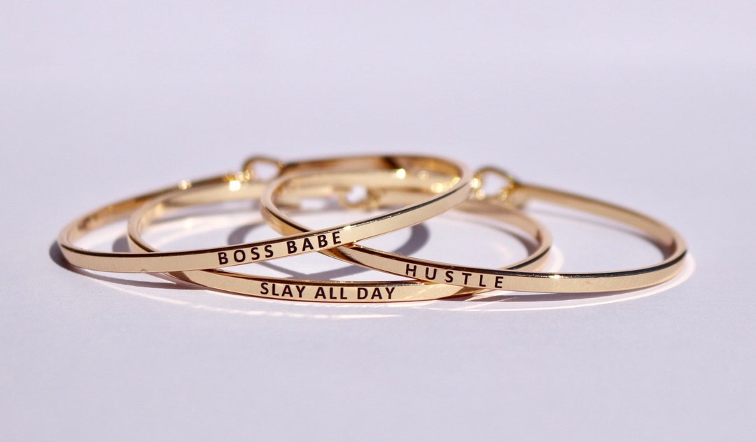 Boss Babe Gold Engraved Bangle Bar Necklace / Hustle / Slay All Day ...