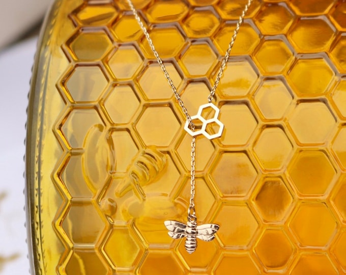 Bee Necklace / Laser Engraved Charm / Hexagon Bee Hive / | Etsy