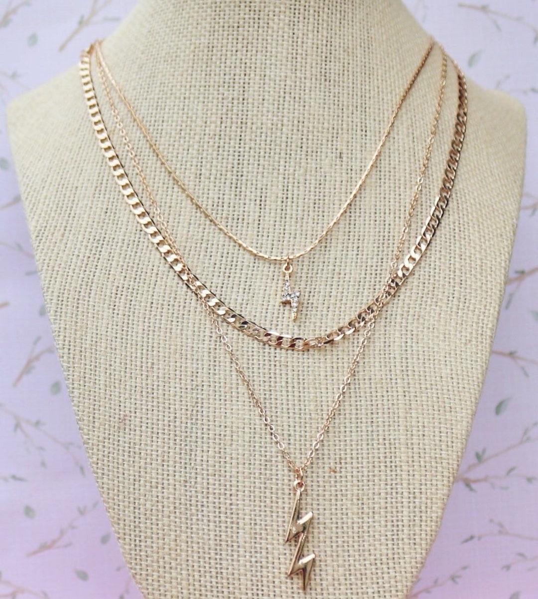 Lightning Bolt Choker Necklace / Triple Layer / Chain / Rhinestone ...