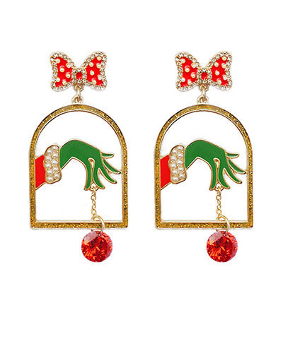 Hand Ornament Grinch Earrings / Enamel Crystal / Christmas Holiday ...