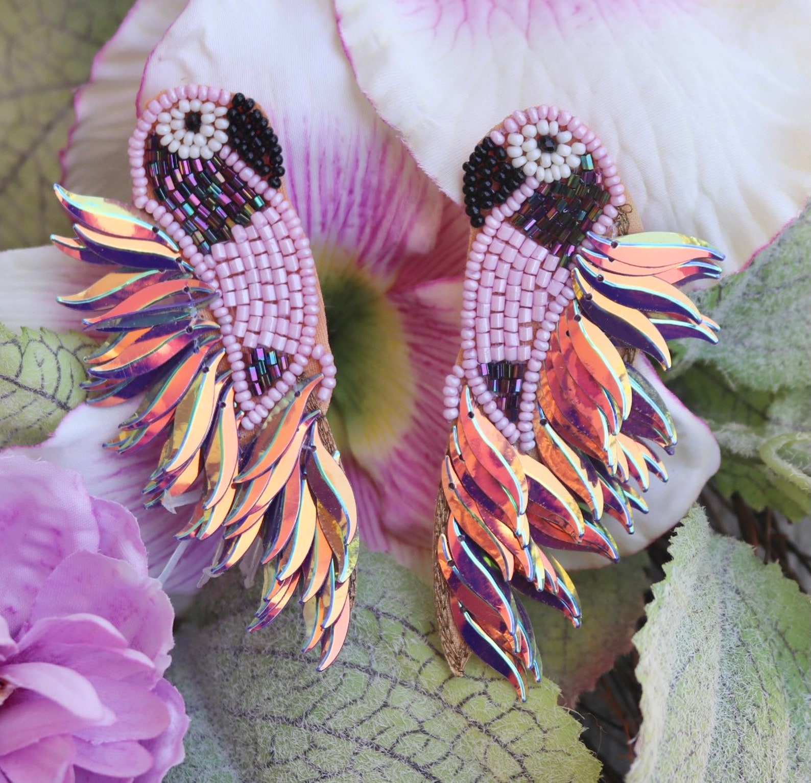 Beaded Parrot Earrings / Iridescent Beading / Large Beach - Etsy