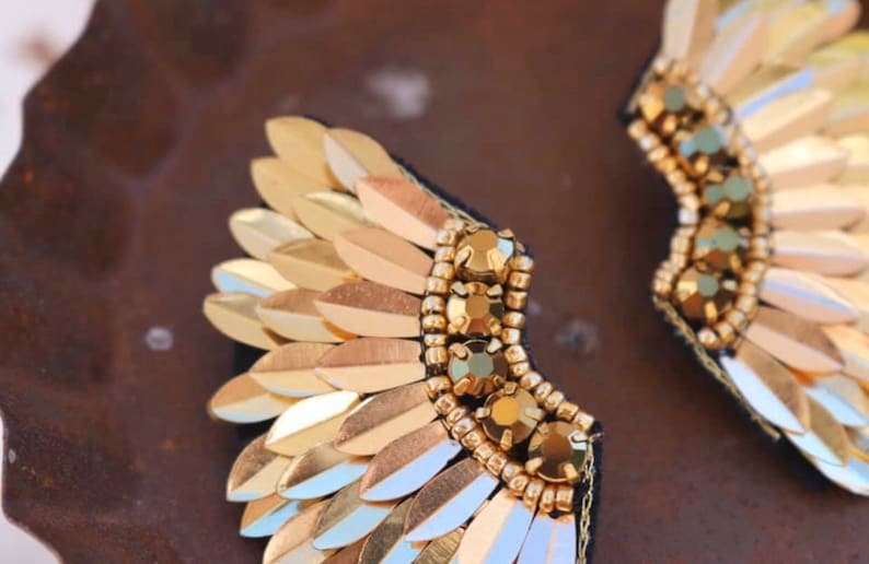 Embellished Wing Earrings / Fan Spike Beaded Crystal / | Etsy