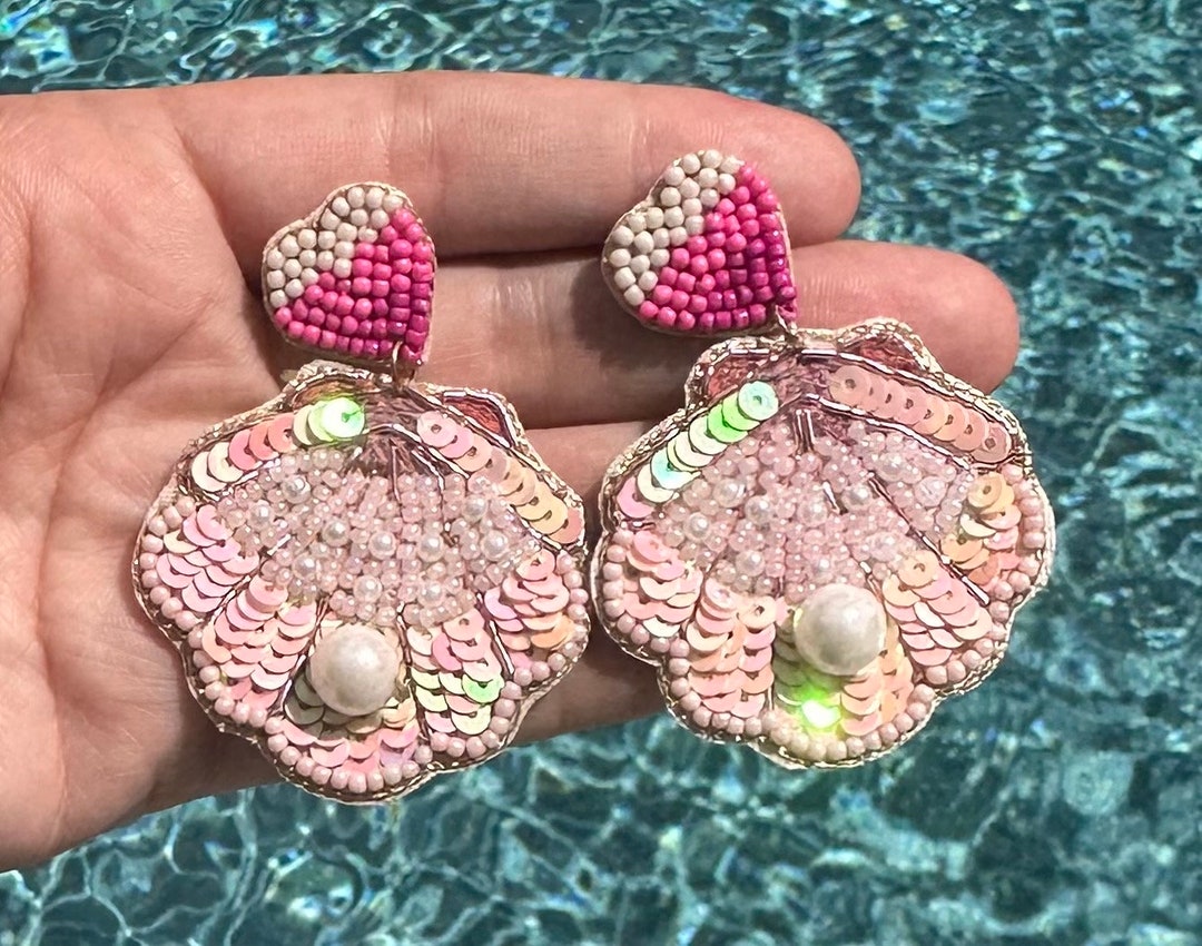 Seashell Earrings / Pearl Seed Bead / Clam / Summer Jewelry / Statement ...