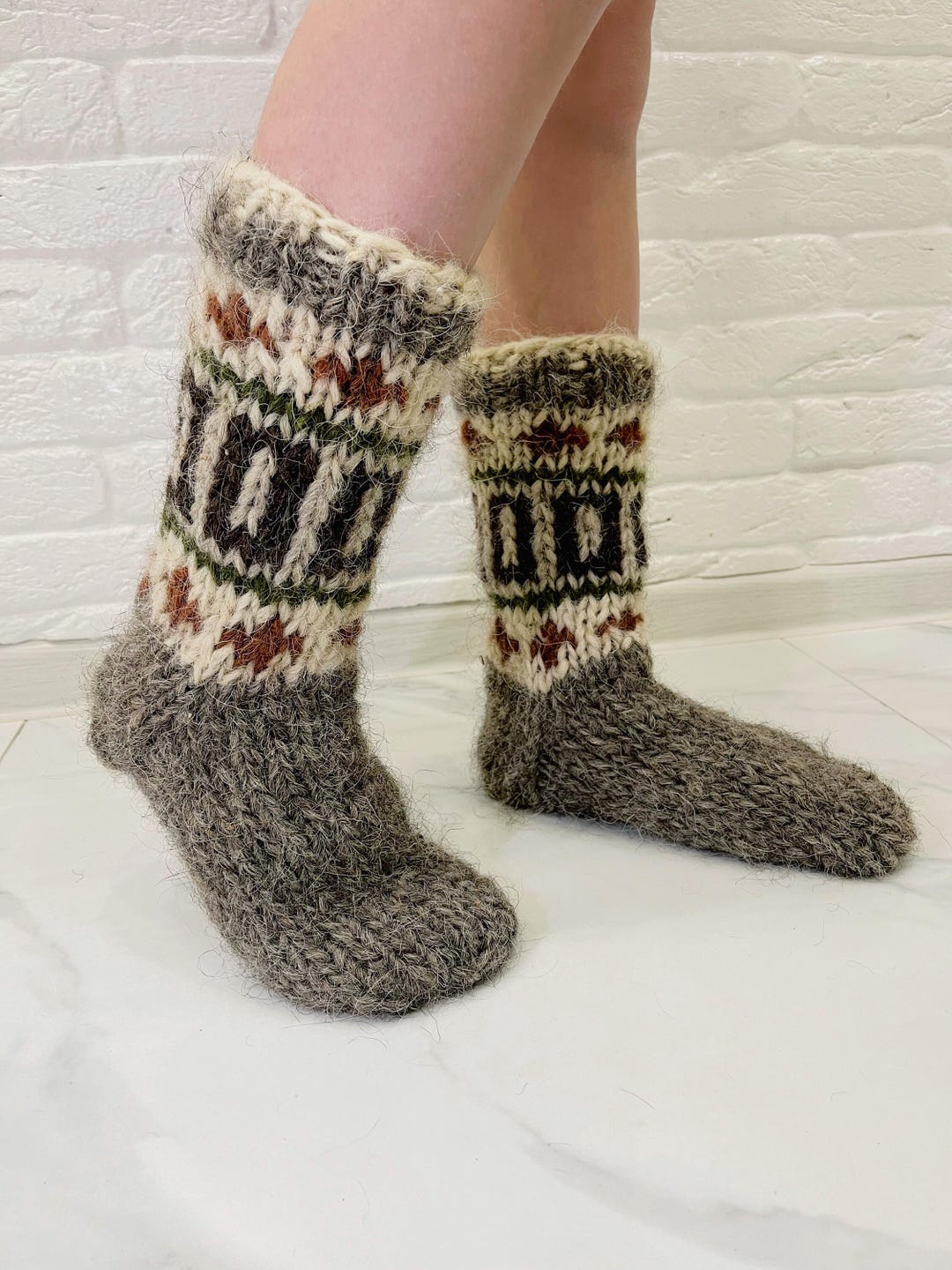 Handmade Wool Socks: Grey Patterned Knit Socks for Women - Etsy